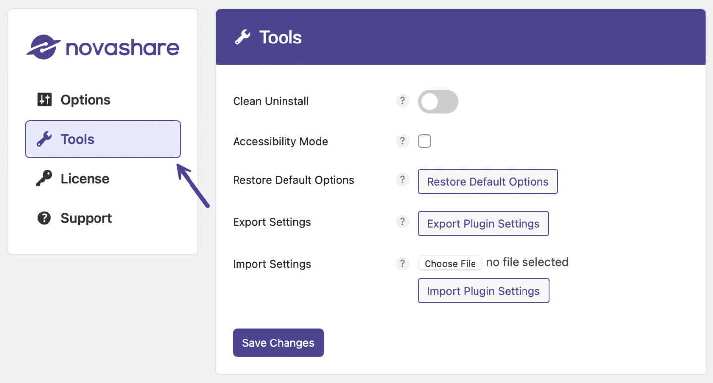 How to restore default options - Novashare